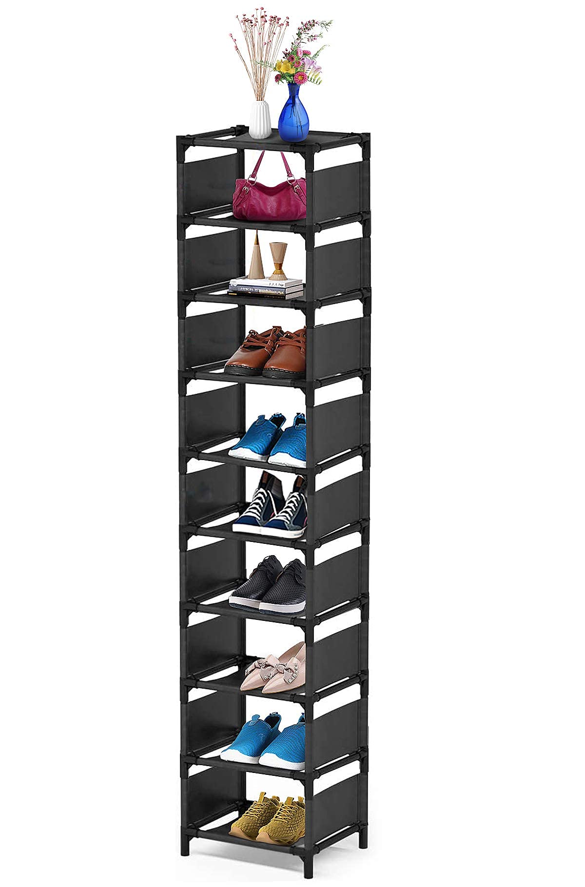 barsone 10 Tier Shoe Rack, Shoe Organizer Storage Shelf Stand Tower Stackable Shoe Rack, Space Saving Shoe Shelves for Closet Entryway Hallway Apartment Garage(Black)