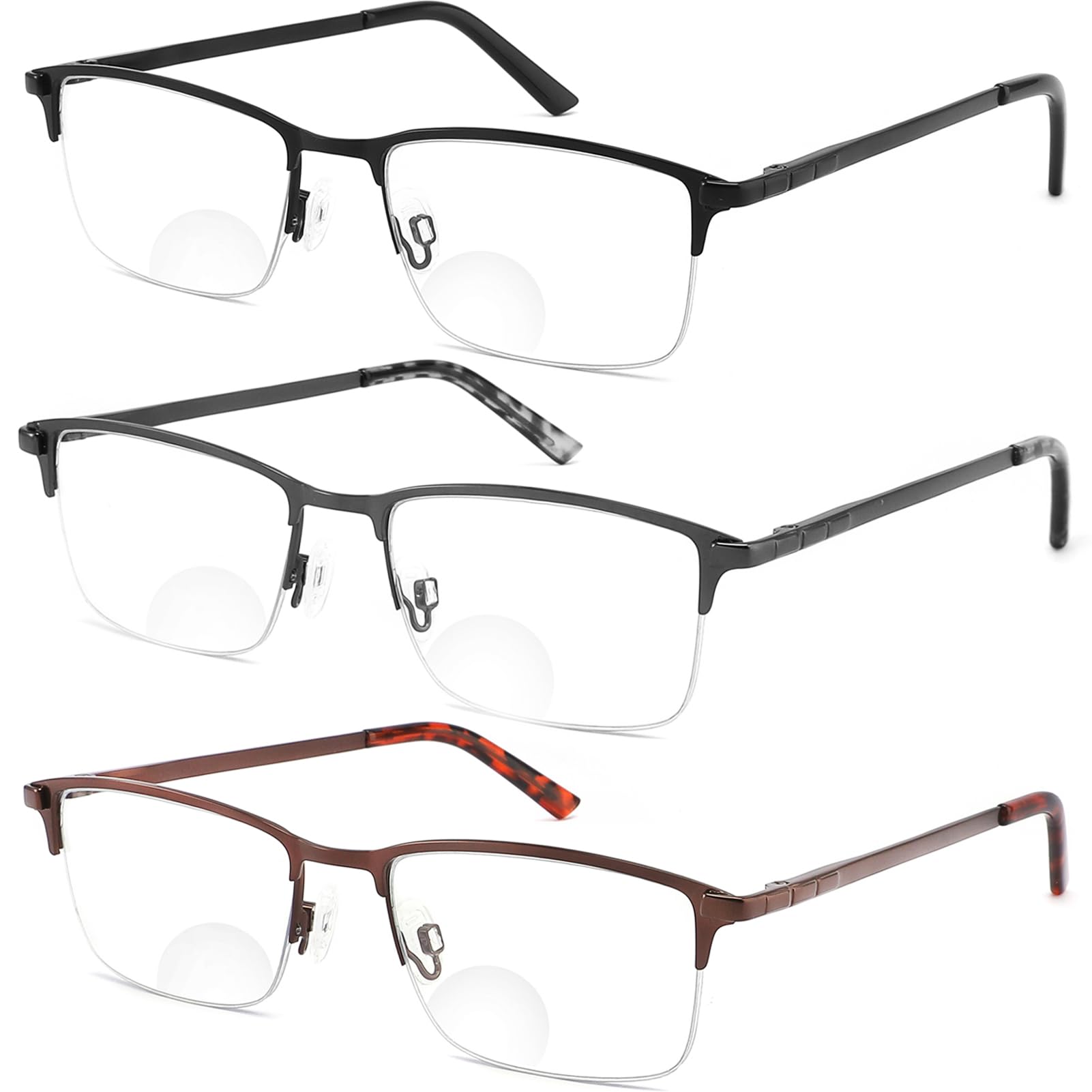 JJWELL 3 Pack Bifocal Reading Glasses for Men Blue Light Blocking, Anti Eyestrain/ Dryness/ UV Spring Hinge Bifocal Readers for Men with Pouches, Half Metal Eyeglasses (2.5)