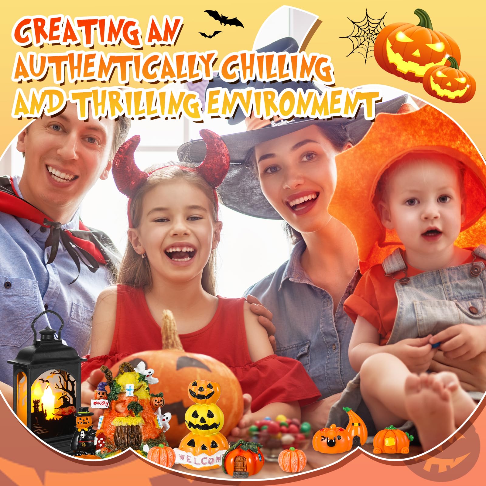 Barydat 18 Pcs Halloween Village Accessories Set Halloween Miniature Figurines Decoration Ornaments Pumpkin House Pumpkin Statues LED Pumpkin Spiderweb Halloween Crafts DIY Garden Table Decor