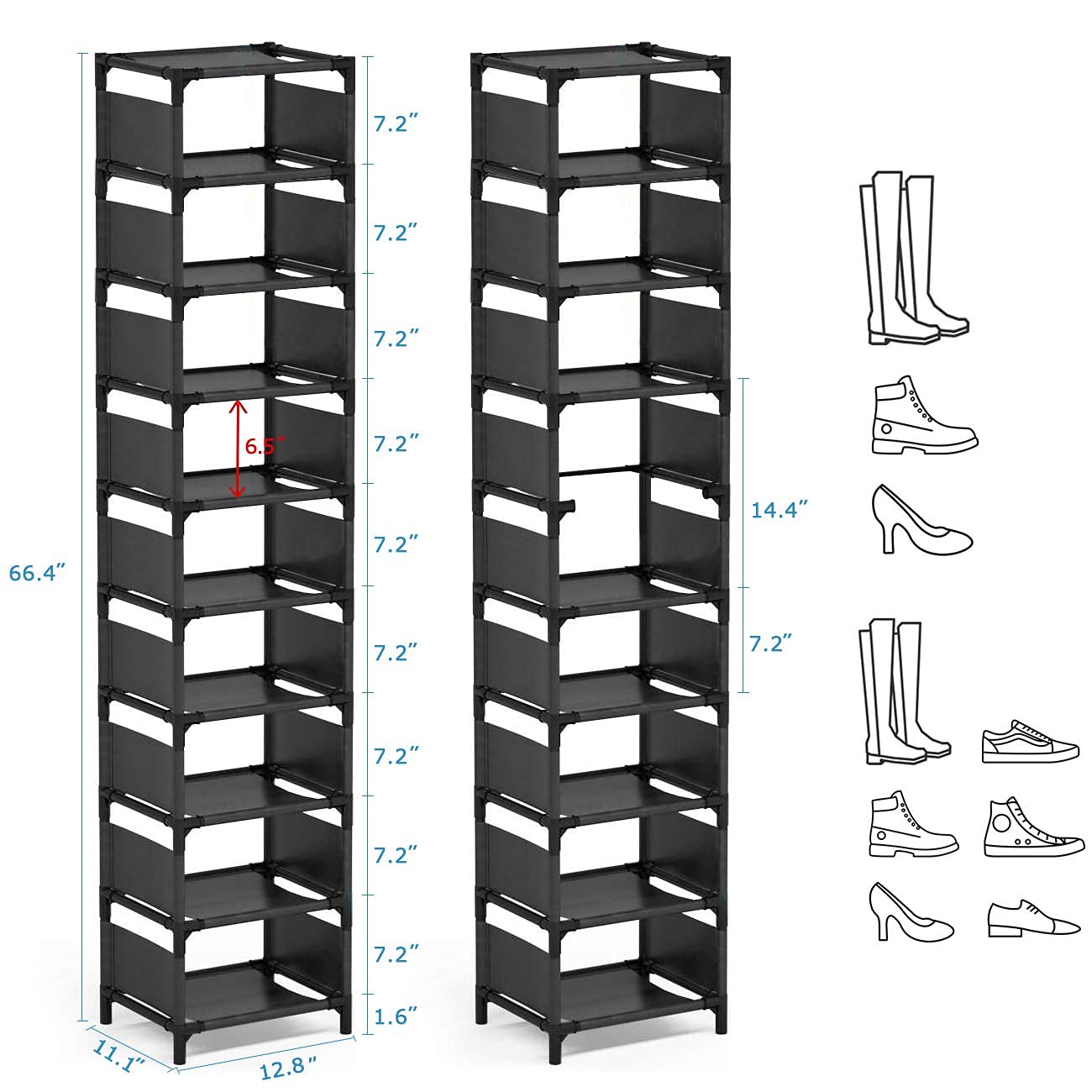 barsone 10 Tier Shoe Rack, Shoe Organizer Storage Shelf Stand Tower Stackable Shoe Rack, Space Saving Shoe Shelves for Closet Entryway Hallway Apartment Garage(Black)