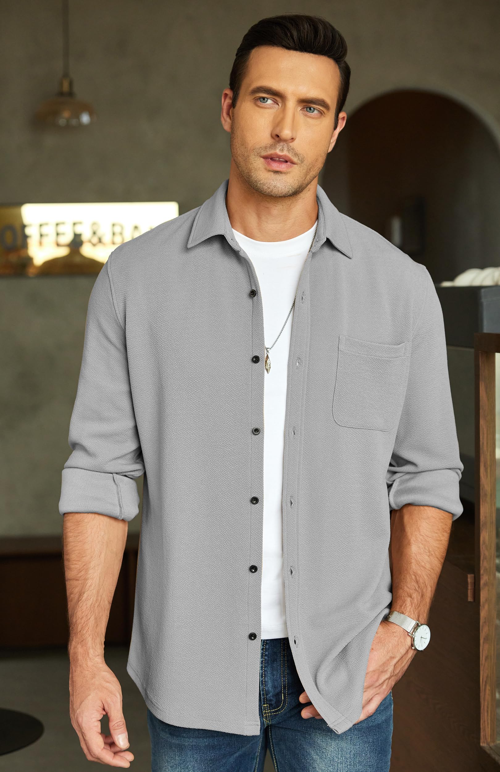 COOFANDY Men's Casual Button Down Shirts Long Sleeve Lightweight Solid Classic Jackets Fall Overshirts