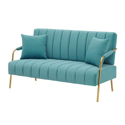 anwickjeff Velvet Loveseat Sofa with 2 Throw Pillows, Fabric Sofa with Metal Legs for Small Space Tufted Cushions Soft Sectional 2-Seat Couch for Living Room, Office, Apartment (Blue)