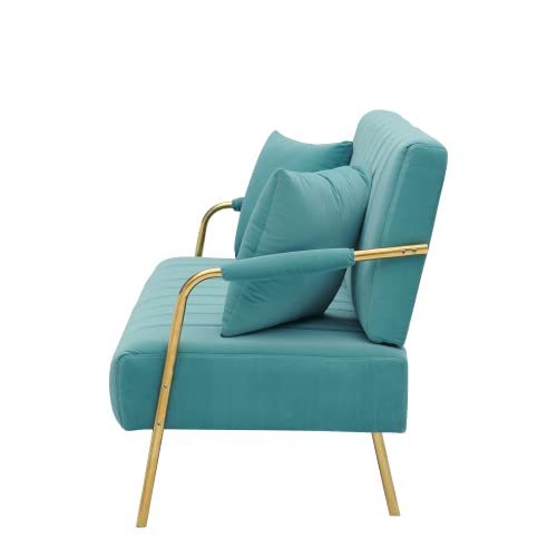 anwickjeff Velvet Loveseat Sofa with 2 Throw Pillows, Fabric Sofa with Metal Legs for Small Space Tufted Cushions Soft Sectional 2-Seat Couch for Living Room, Office, Apartment (Blue)