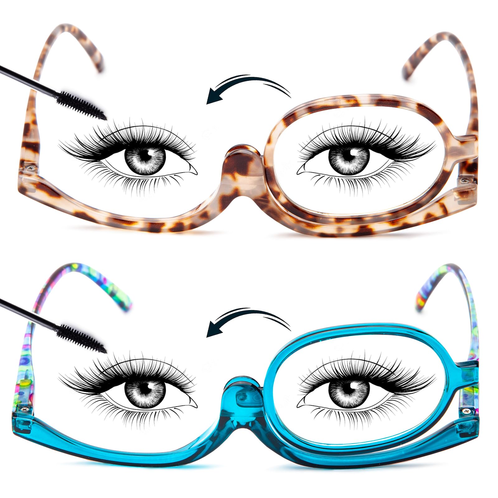 JO 2 Packs Makeup Reading glasses Magnifying Readers for Women with Spring Hinge One Eye Cosmetic Readers Rotating Lens (Tortoise/Blue, 2.5, x)