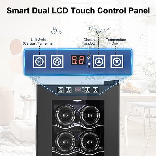 Mini Wine Fridge, 8-Bottle Small Wine Cooler, Wine Cooler Refrigerator With Removable Shelves Interior Lighting Digital Touch Control, And Private Reserve Wine Cellar For Home, Office, Bar