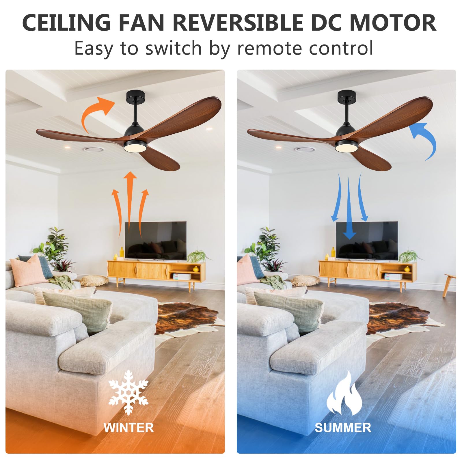 Eliora 54 inch Outdoor Ceiling Fan, Outdoor Ceiling Fans for Patios with Light and Remote Control, 3 Solid Wood Blades, Quiet DC Motor, Outdoor Ceiling Fans for Patios, Porch, Dark Walnut