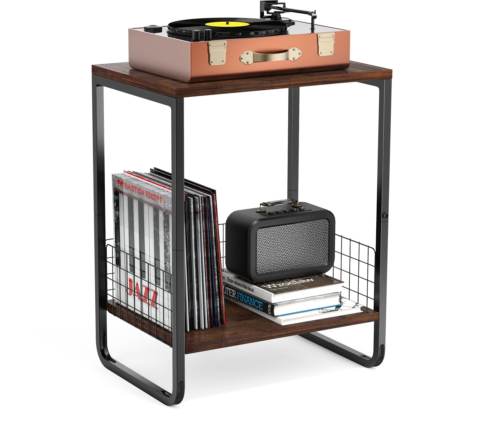 Emfogo Record Player Stand, 2 Tier Record Player Table Turntable Stand with Vinyl Record Album Storage, Retro Nightstand Small End Table for Living Room Bedroom Office(Rustic Brown)