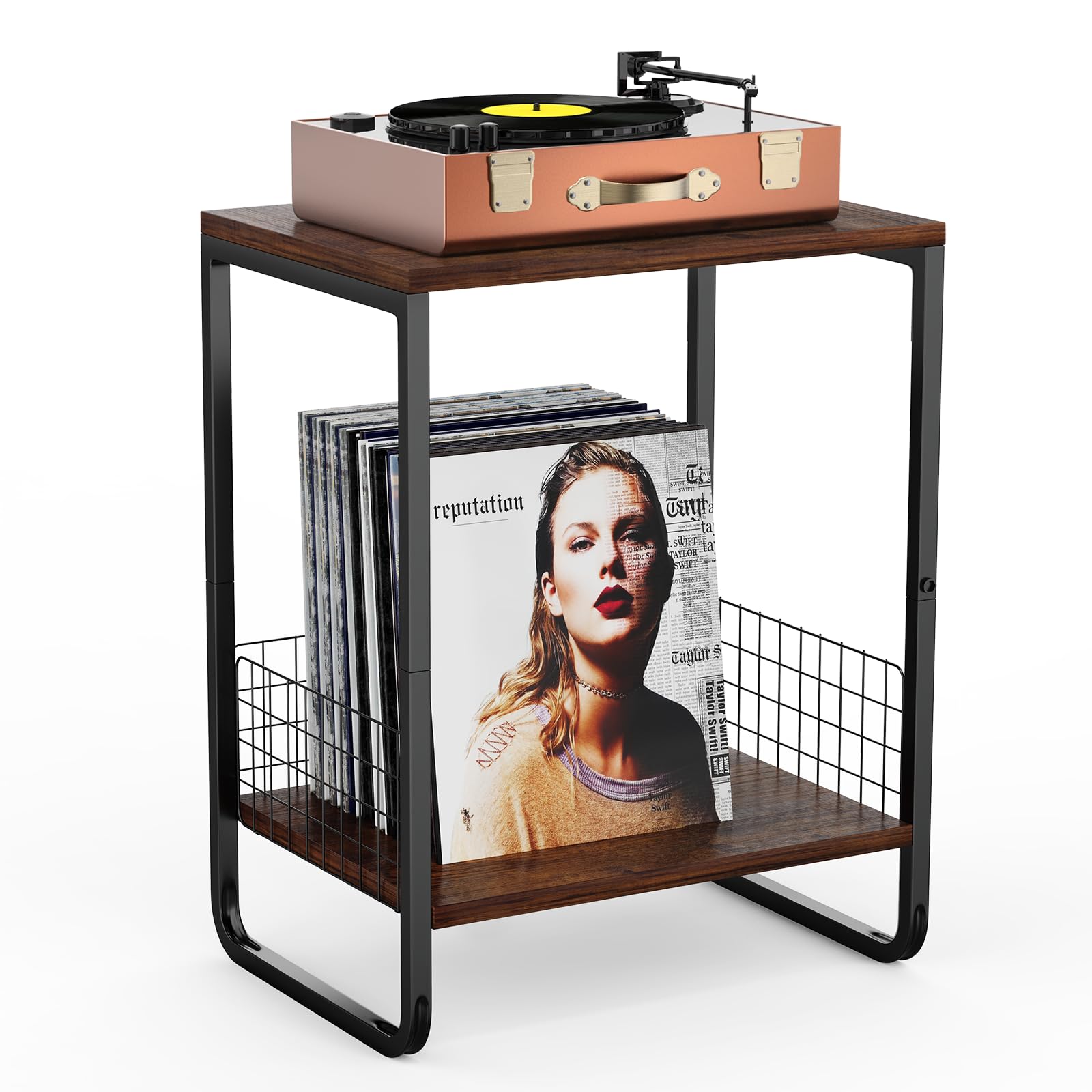 Emfogo Record Player Stand, 2 Tier Record Player Table Turntable Stand with Vinyl Record Album Storage, Retro Nightstand Small End Table for Living Room Bedroom Office(Rustic Brown)