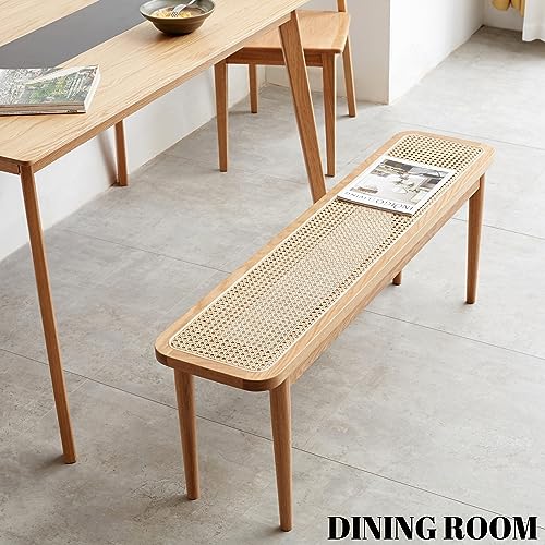 Grewood Wood Dining Bench,100% Natural Solid Oak Bed Bench with Rattan Design, Rounded Edge, Bench for Entryway Hall, Dining Room,Bedroom, Living Room (Natural Color, 31.49 inch)