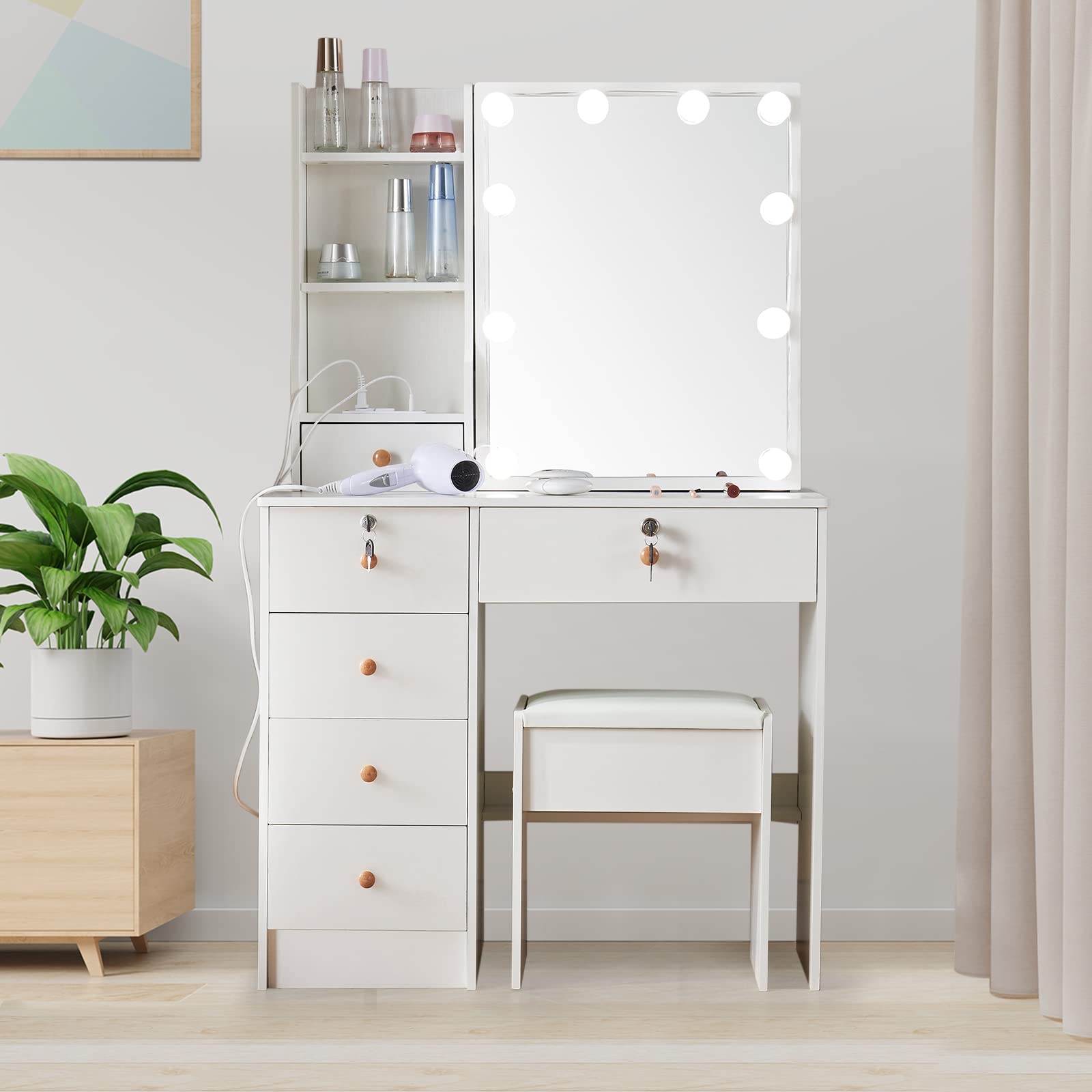 Saihemei Makeup Vanity Table with Lighted Mirror, Adjustable Brightness 3 Lighting Modes Dressing Table with Stool and Storage Shelves for Women Girls