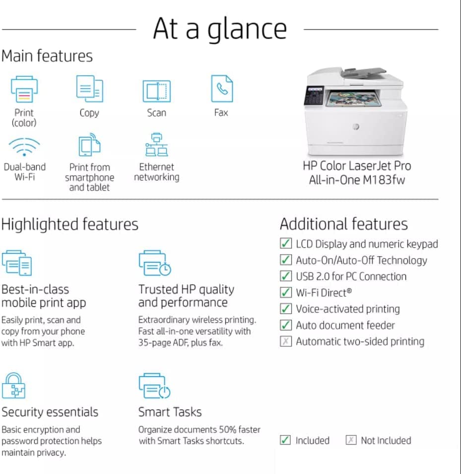 HP Laserjet Pro MFP M183FW All-in-One Wireless Color Laser Printer, Print,Copy,Scan,Fax, 16ppm, 600x600 dpi, Auto Duplex Printing, 2-line Display, 35-Page ADF, Wulic Printer Cable