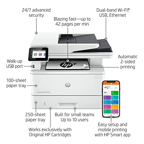 HP Laserjet Pro MFP 4101fdwe Wireless Black & White Printer, Print scan Copy fax, Auto 2-Sided Printing, 42 ppm, 512 MB, Smart Office Features and Fax, Bundle with JAWFOAL Printer Cable