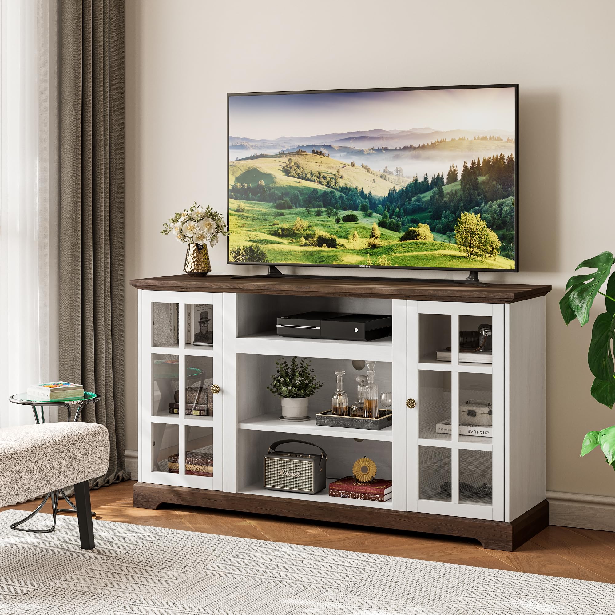 HolliWill White TV Stand, Entertainment Center for 65 inch TV, 58" Modern Farmhouse TV Stand with Glass Door, Tall TV Console or Storage Cabinet for Living Room,White&Brown