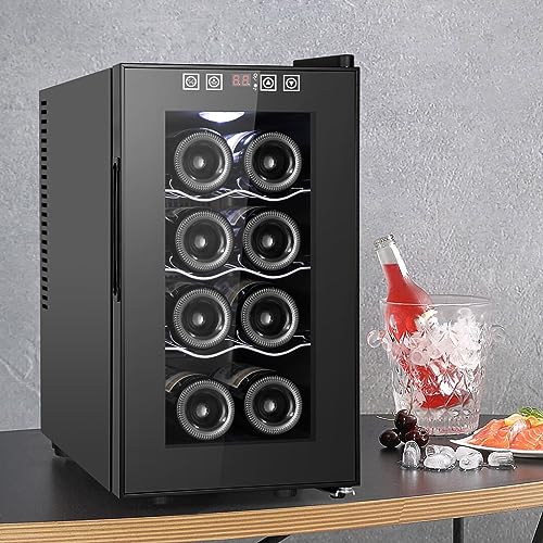 Mini Wine Fridge, 8-Bottle Small Wine Cooler, Wine Cooler Refrigerator With Removable Shelves Interior Lighting Digital Touch Control, And Private Reserve Wine Cellar For Home, Office, Bar