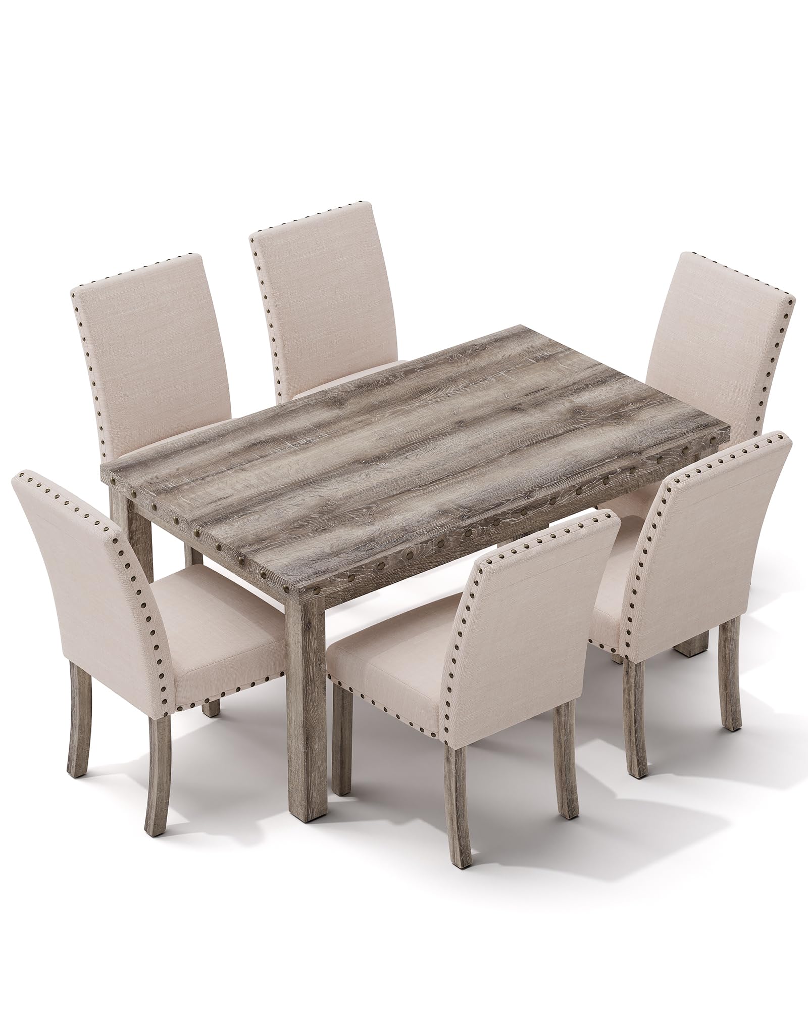 Morden Fort 7 Piece Rustic Wooden Dining Set, Mid-Century Modern Table & Chair Set for Spacious Dining Rooms and Entertaining Guests