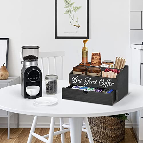 Coffee Station Organizer, Wood K Cup Coffee Pods Holder with Drawer, Countertop Coffee Bar Accessories Tea Bag Organizer, Coffee Bar Condiment Organizer for Coffee Bar Decor, Coffee Lovers Gift
