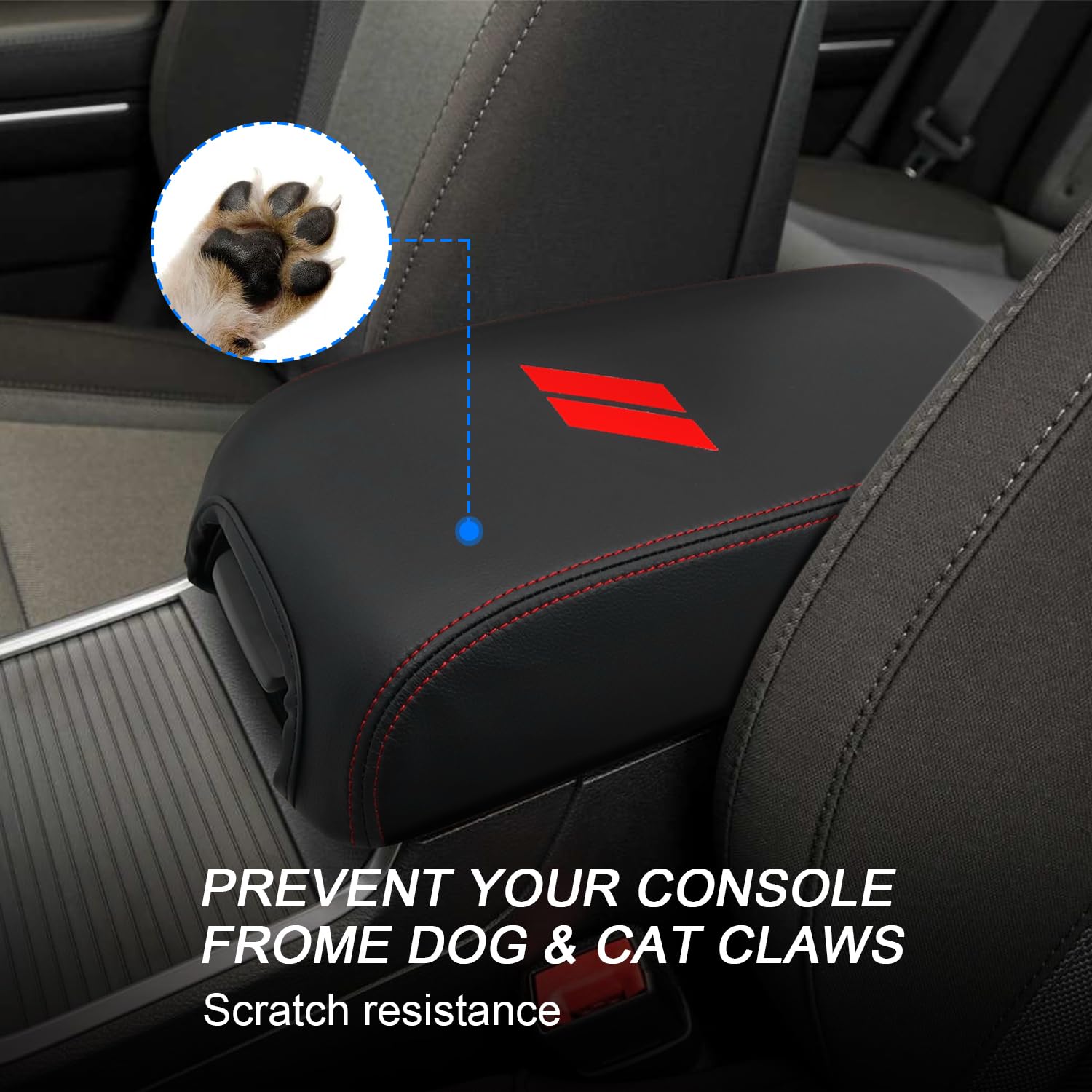 REMOCH for Dodge Charger Accessories 2011-2021 2022 2023 Center Console Cover for Chrysler 300 2015-2022 Leather Armrest Cover Seat Console Box Lid Protector Interior (Red Stitches, Leather)