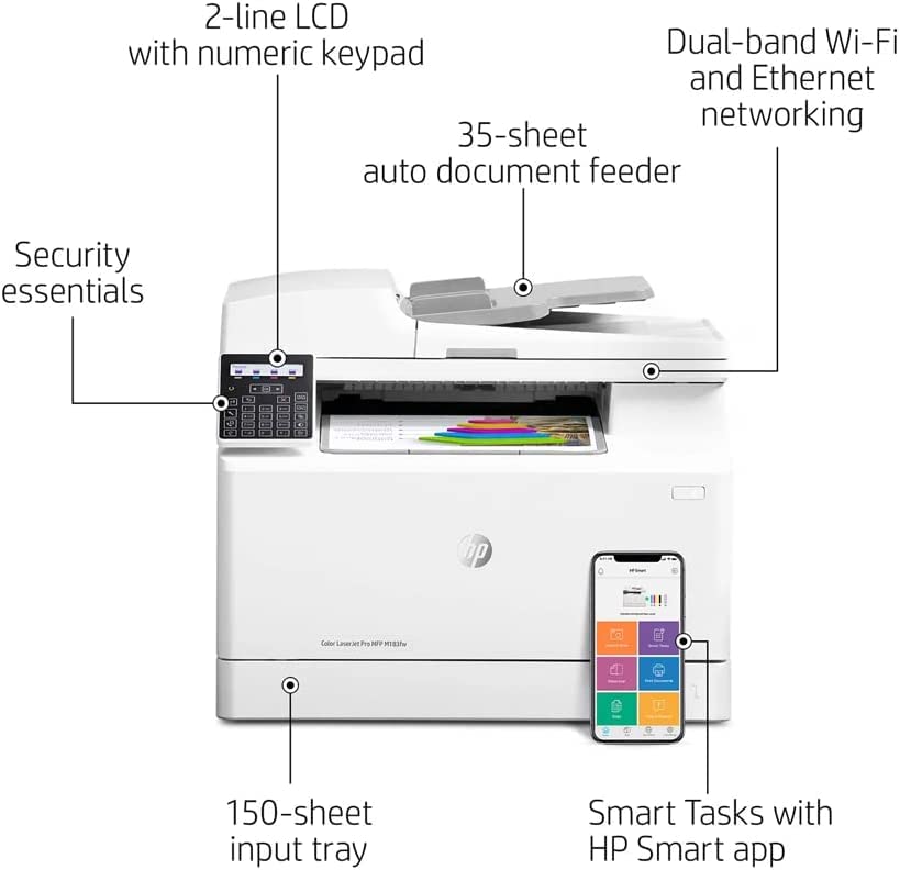 HP Laserjet Pro MFP M183FW All-in-One Wireless Color Laser Printer, Print,Copy,Scan,Fax, 16ppm, 600x600 dpi, Auto Duplex Printing, 2-line Display, 35-Page ADF, Wulic Printer Cable