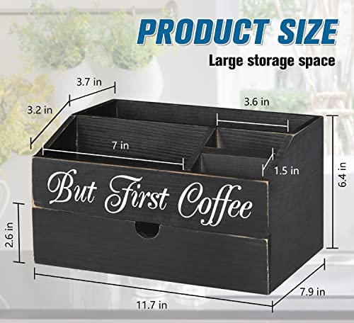 Coffee Station Organizer, Wood K Cup Coffee Pods Holder with Drawer, Countertop Coffee Bar Accessories Tea Bag Organizer, Coffee Bar Condiment Organizer for Coffee Bar Decor, Coffee Lovers Gift