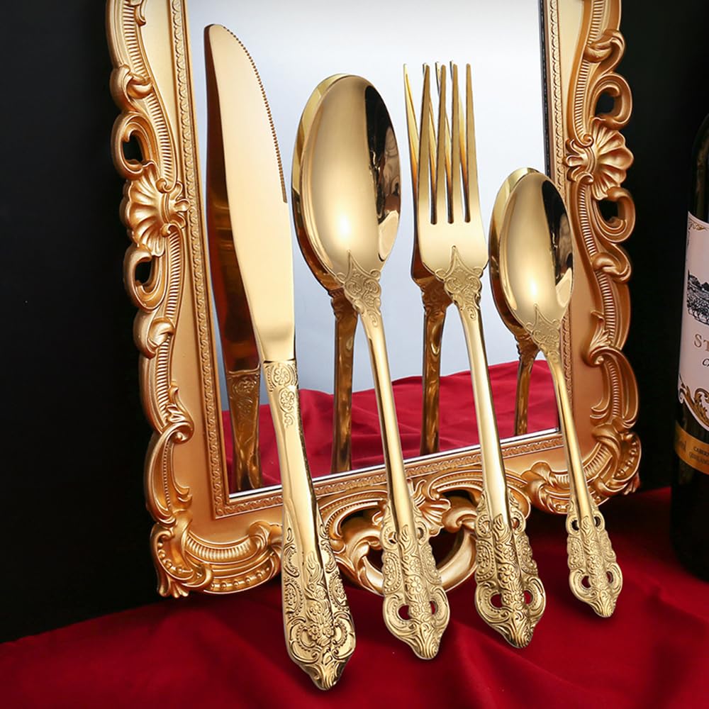 Golden Michelangelo Flatware Set for 12, 48 Piece Royal Court Silverware Set, Vintage Embossed Cutlery Utensil Set Include Knife Fork Spoon, Mirror Polished, Dishwasher Safe