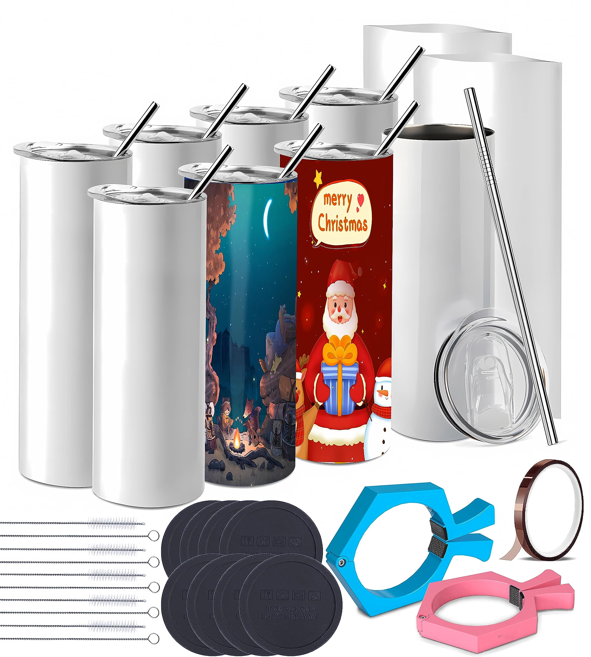 Sublimation Tumblers bulk 20 oz Skinny,8 Pack Stainless Steel Double Wall Insulated Straight Sublimation Tumbler Cups Blank White with Lid,Individually Box,heat tape,Sublimation Tumblers Pinch
