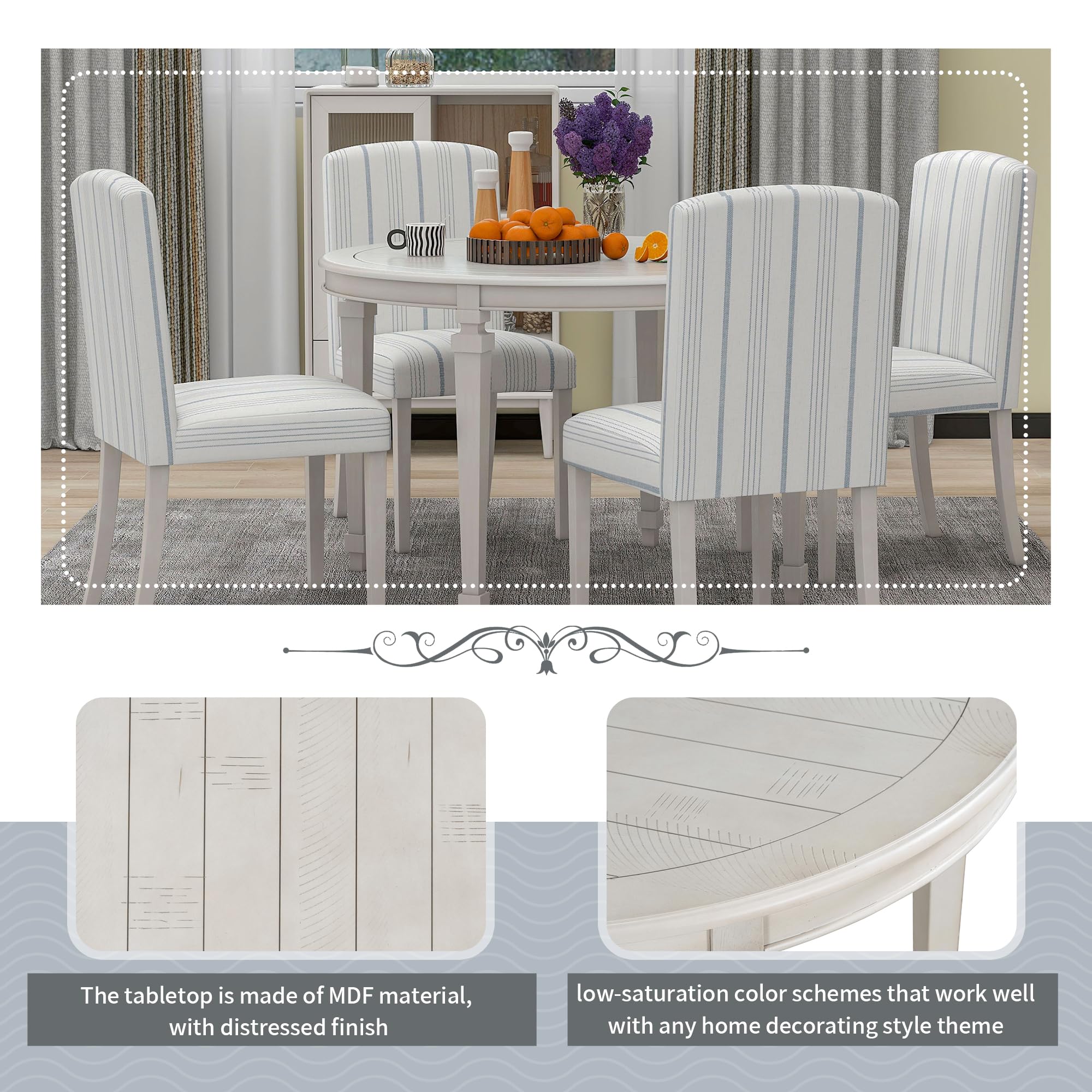 Bellemave Dining Table Set for 4, 5 Piece Round Kitchen Table and Chairs, Solid Wood Round Table with 4 Upholstered Chairs for Dining Room, Dinette, Breakfast Nook, White