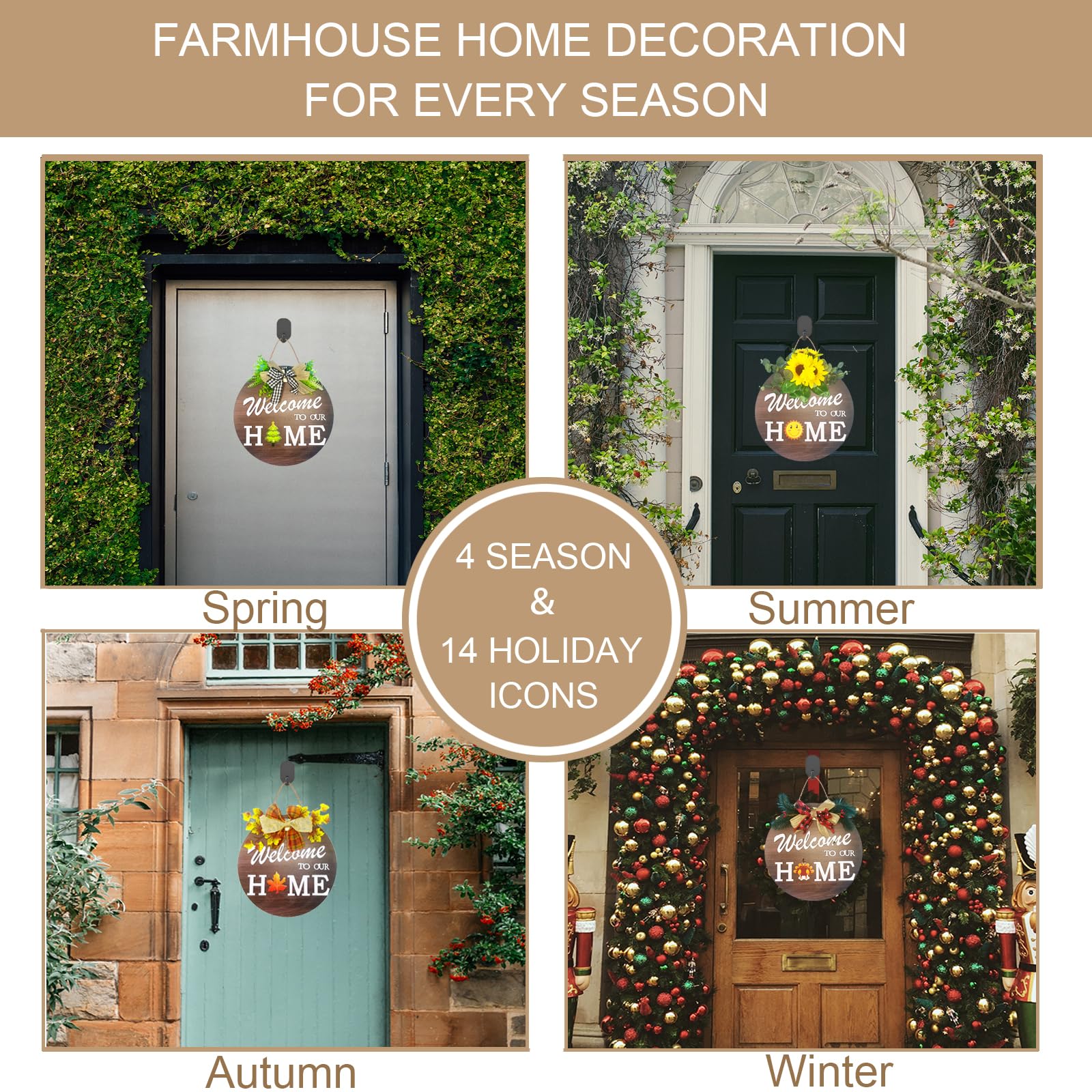 Interchangeable welcome sign wreaths for front door decorations hanging decor, house warming gifts,new home decorations ,spring summer Autumn winter all seasons, outdoor signs for porch, christmas