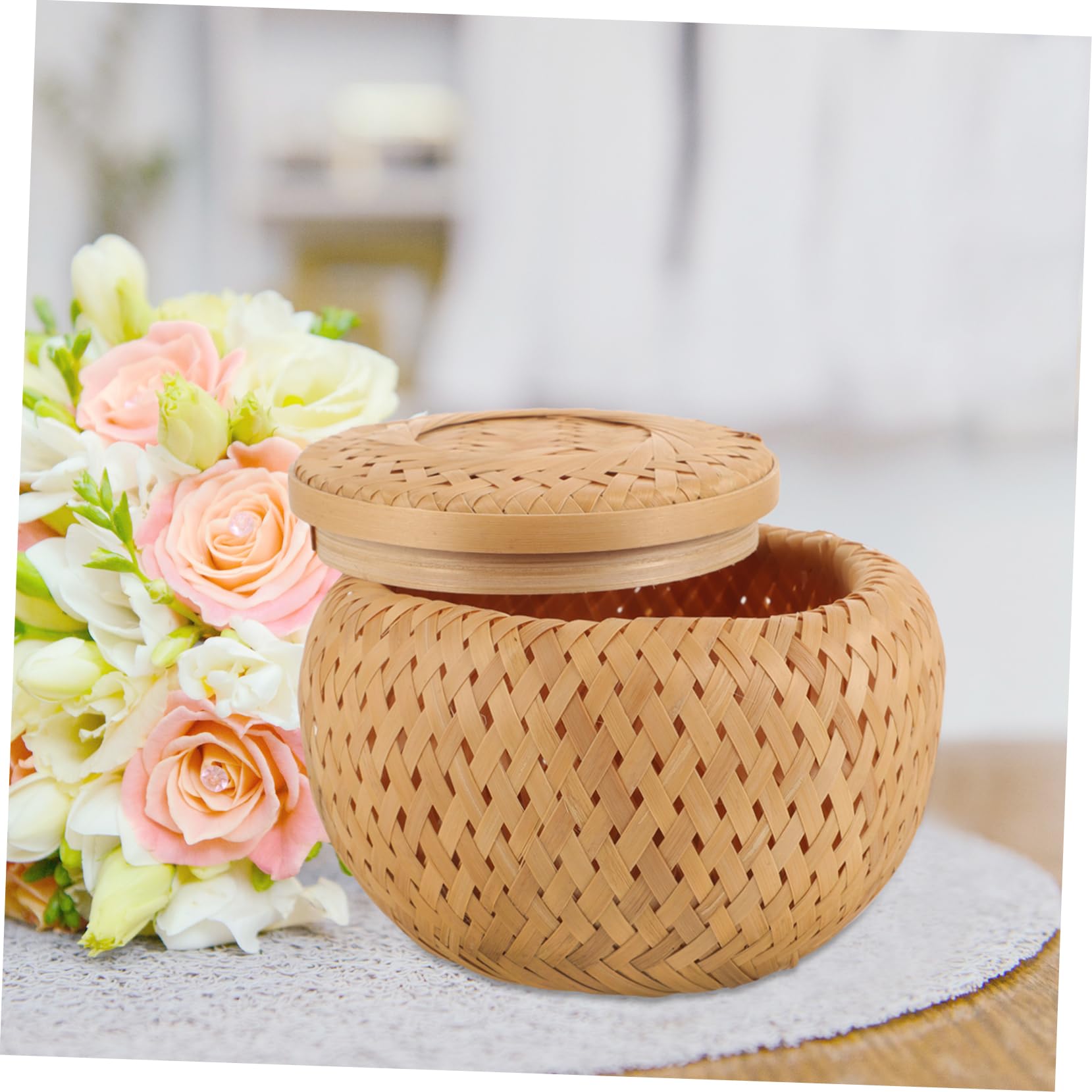 LIGHTAOTAO Bamboo Weaving Round Bamboo Basket with lid Tea Bag Organizer Coffee Canister Woven Serving Bowl Wicker Organizer bin Basket for Snacks Bread Basket Holder Gift Basket Food