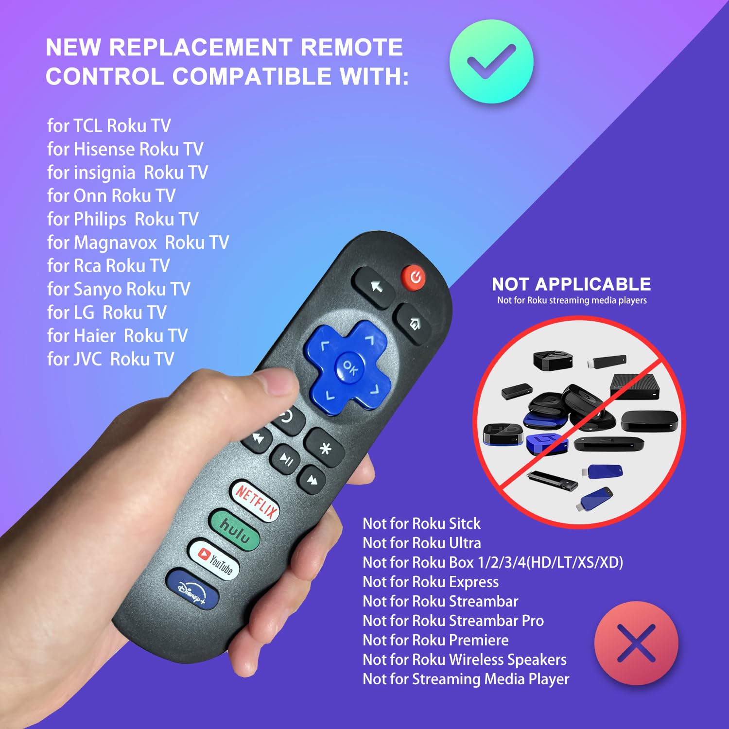 [2 Pack] Replaced Remote Control Only Compatible with TCL/Hisense/Onn/Sharp (Not for Roku Stick and Box)