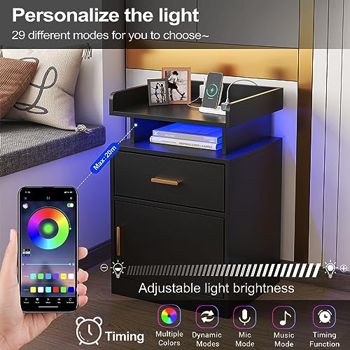 Tcpuolr Nightstand with Charging Station & Cabinet Storage, Led Night Stand with Drawer & Open Shelf, Bedside Table with Top Baffle, End Table for Bedroom, Living Room, Black