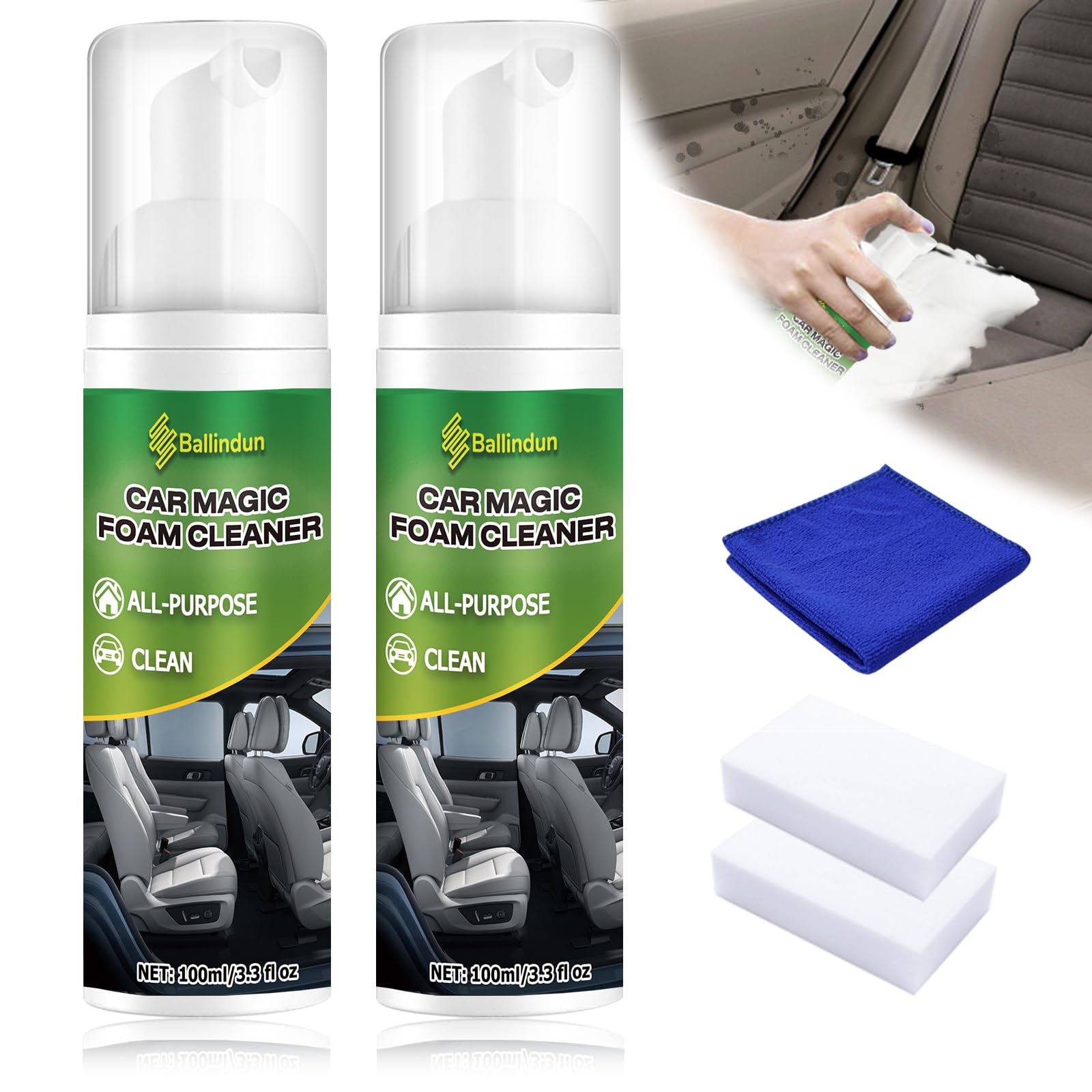 Ballindun Foam Cleaner For Car, 2 Pcs High Effective All Purpose Cleaner, Powerful Car Magic and House, Multipurpose Spray Carpet, Upholstery, Fabric Washing (2 pack 100ML)
