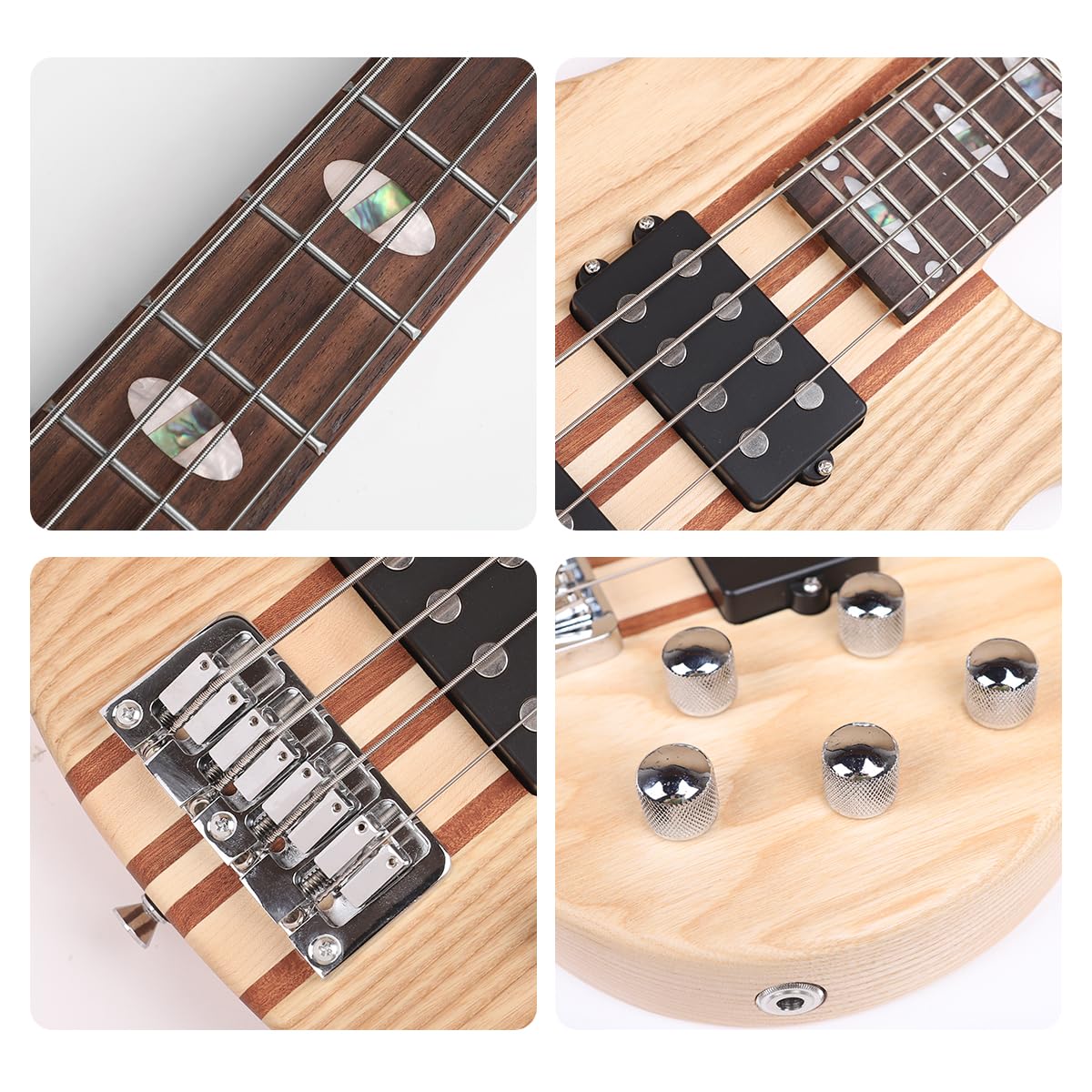 Bullfighter 4 String Electric Bass Guitar, Full Size Standard Right Handed Rosewood Fretboard Bass Kit with Gig Bag Strap Cable (wood)