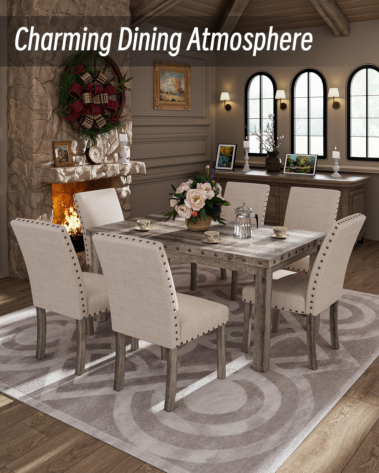 Morden Fort 7 Piece Rustic Wooden Dining Set, Mid-Century Modern Table & Chair Set for Spacious Dining Rooms and Entertaining Guests