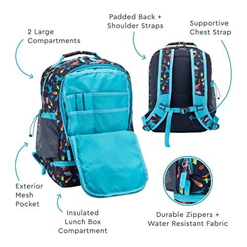 Bentgo® Kids Prints 2-in-1 Backpack & Insulated Lunch Bag - Durable, Lightweight, Colorful Prints for Girls & Boys, Water-Resistant Fabric, Padded Straps & Back, Large Compartments (Dinosaur)