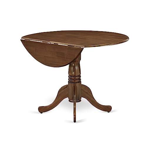 East West Furniture DLLA3-AWA-05 3 Piece Dining Room Table Set Includes a Round Wooden Table with Dropleaf and 2 Upholstered Chairs, 42x42 Inch, Antique Walnut