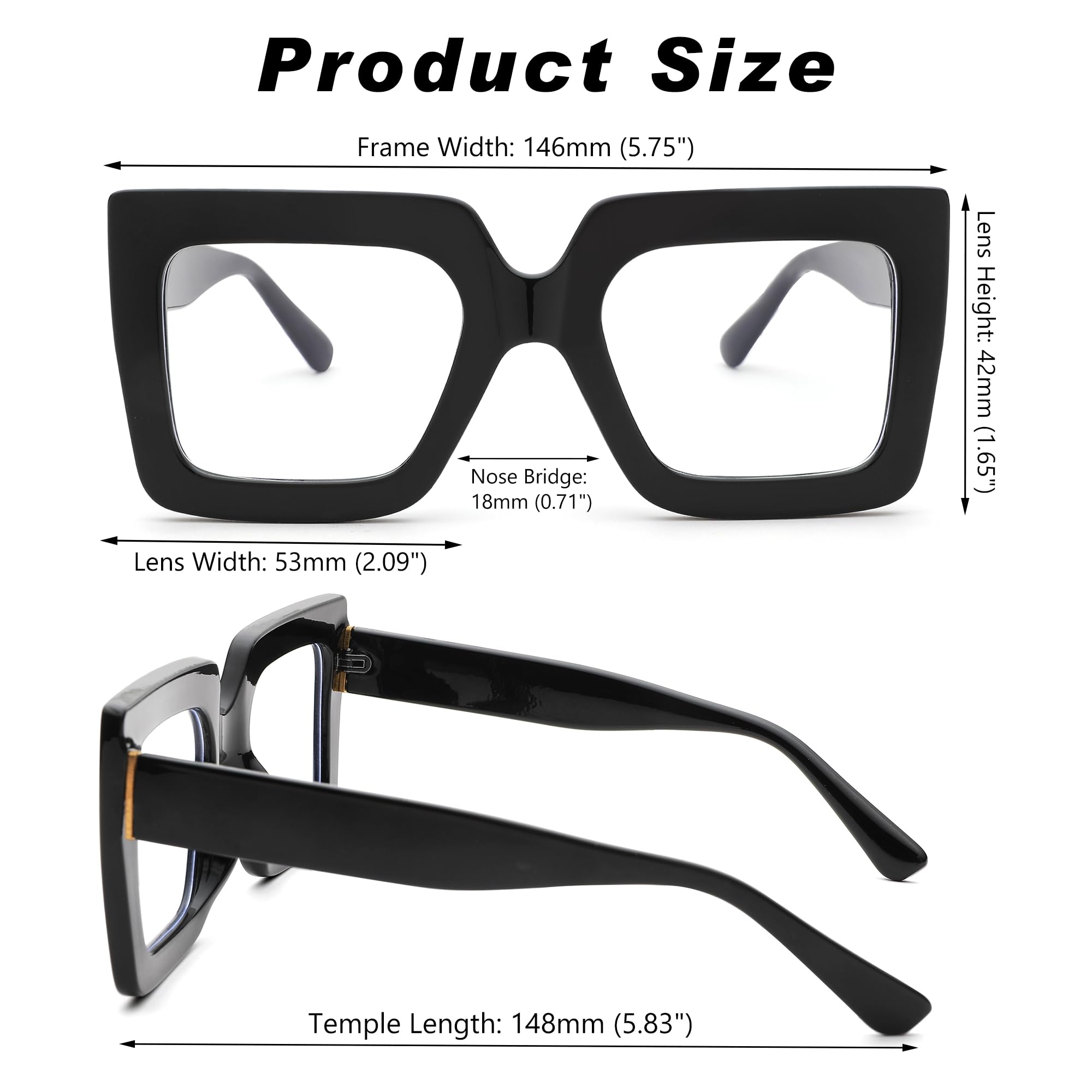 Melpomenia Oversized Blue Light Glasses for Women Fashion Big Frame Glasses Non-Prescription Eyewear(Black)
