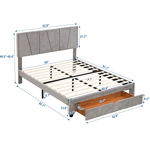LCH Queen Size Upholstery Platform Bed, Wooden Queen Size Platform Bed Frame with 1 Drawer and Adjustable Headboard, Queen Storage Bed for Kids Teens Adult Bedroom (Grey)