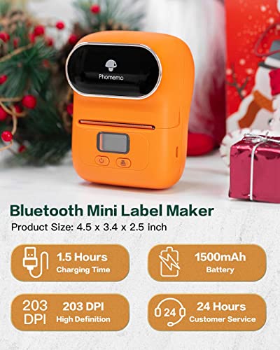 Phomemo M110 Mini Label Maker with 3 Rolls 1.57''x3.15'' (40x80mm)-Thermal Label Printer Maker for Barcode, Clothing, Jewelry, Retail, Mailing, Business, Compatible with Android & iOS, Orange