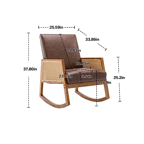 Haplized Brwon Leather Rocking Chair, Modern Rattan Armrests Accent Chair with Padded Seat and High Backrest, Comfy Rocker for Nursery, Living Room, Bedroom