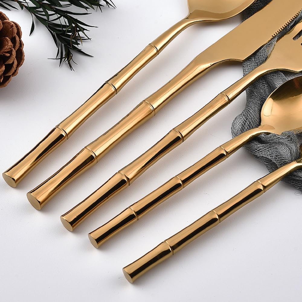 60 Piece Bamboo Shaped Flatware Set Service for 12, 18/10 Stainless Steel Rose Gold Bamboo Handle Silverware Cutlery Set For Home Kitchen Hotel Utensils, Mirror Polished, Dishwasher Safe