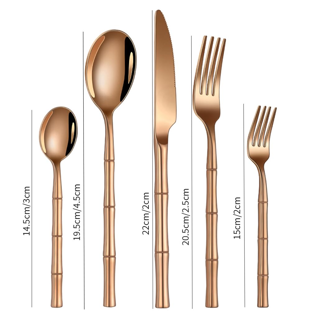 60 Piece Bamboo Shaped Flatware Set Service for 12, 18/10 Stainless Steel Rose Gold Bamboo Handle Silverware Cutlery Set For Home Kitchen Hotel Utensils, Mirror Polished, Dishwasher Safe
