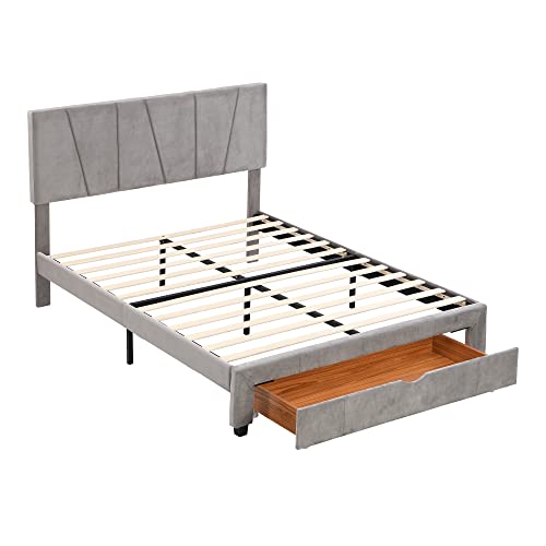 LCH Queen Size Upholstery Platform Bed, Wooden Queen Size Platform Bed Frame with 1 Drawer and Adjustable Headboard, Queen Storage Bed for Kids Teens Adult Bedroom (Grey)