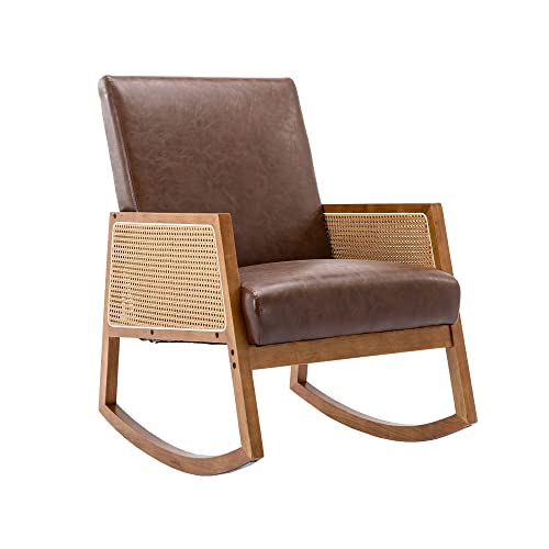 Haplized Brwon Leather Rocking Chair, Modern Rattan Armrests Accent Chair with Padded Seat and High Backrest, Comfy Rocker for Nursery, Living Room, Bedroom