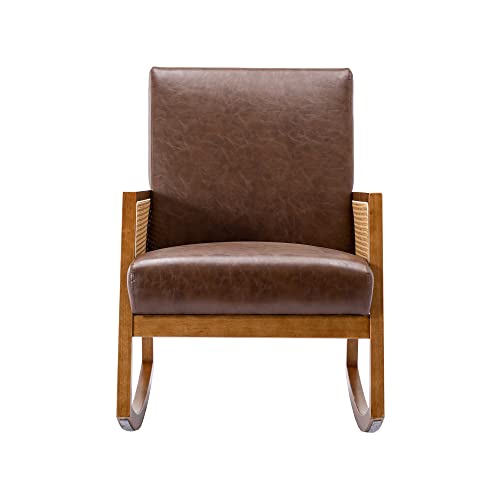Haplized Brwon Leather Rocking Chair, Modern Rattan Armrests Accent Chair with Padded Seat and High Backrest, Comfy Rocker for Nursery, Living Room, Bedroom