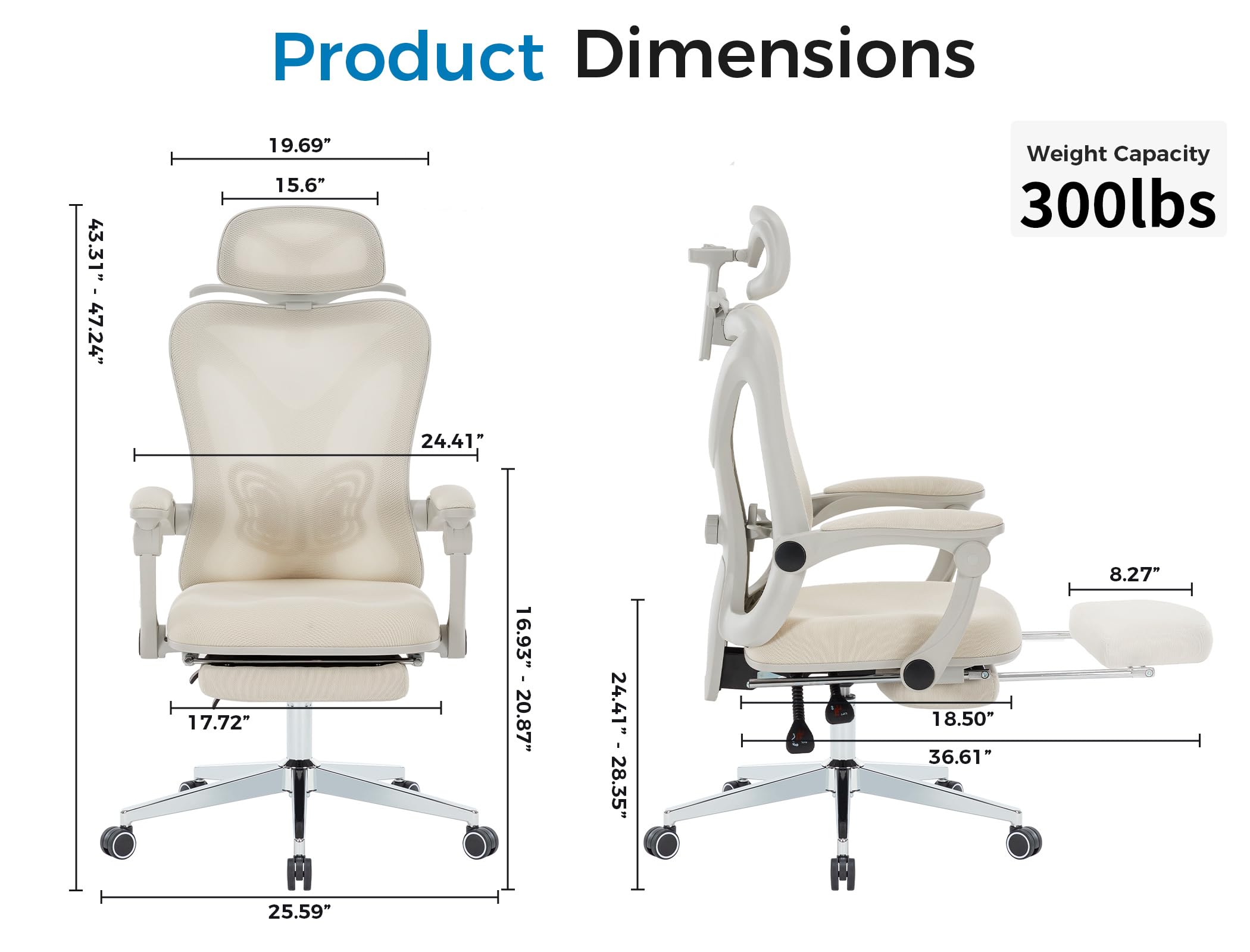 GGN Ergonomic Office Chair with Foot Rest, White Reclining Desk Chair with Leg Rest, Mesh Computer Desk Chair with Adjustable Headrest & Lumbar Support, White