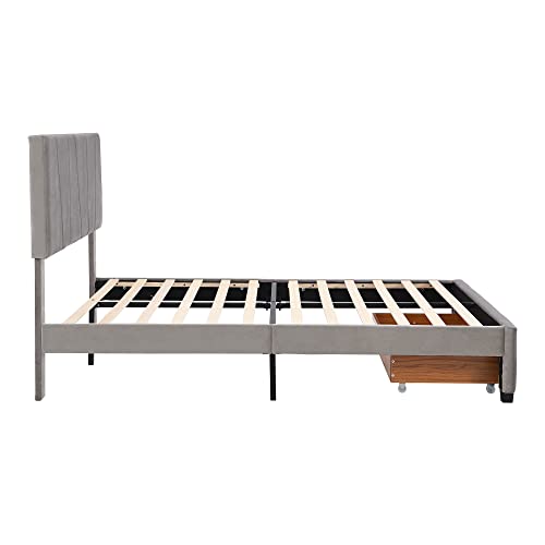 LCH Queen Size Upholstery Platform Bed, Wooden Queen Size Platform Bed Frame with 1 Drawer and Adjustable Headboard, Queen Storage Bed for Kids Teens Adult Bedroom (Grey)