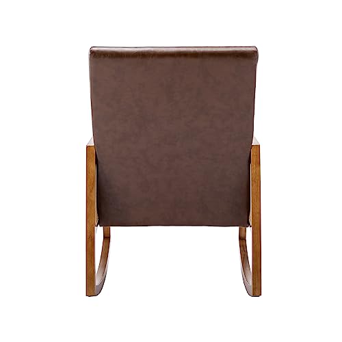 Haplized Brwon Leather Rocking Chair, Modern Rattan Armrests Accent Chair with Padded Seat and High Backrest, Comfy Rocker for Nursery, Living Room, Bedroom