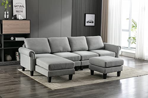 Olela U Shaped Modular Sectional Sofa for Living Room, Oversized Deep Seat Sofa Modern Linen Upholstered Sectional Couch with Chaise Lounge and Comfy Backrest (Light Gray)