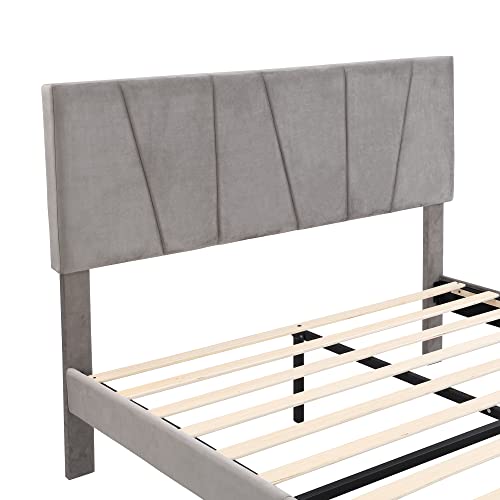 LCH Queen Size Upholstery Platform Bed, Wooden Queen Size Platform Bed Frame with 1 Drawer and Adjustable Headboard, Queen Storage Bed for Kids Teens Adult Bedroom (Grey)