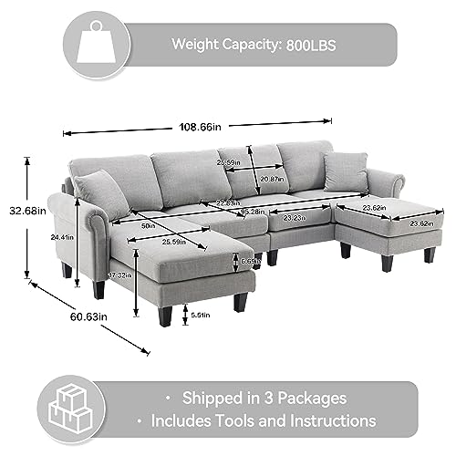 Olela U Shaped Modular Sectional Sofa for Living Room, Oversized Deep Seat Sofa Modern Linen Upholstered Sectional Couch with Chaise Lounge and Comfy Backrest (Light Gray)